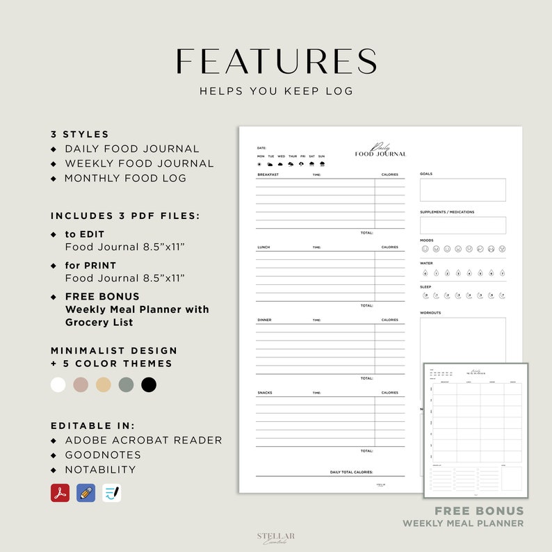 Digital Printable Food Journal, Weekly Food Journal, Monthly Food Log ...