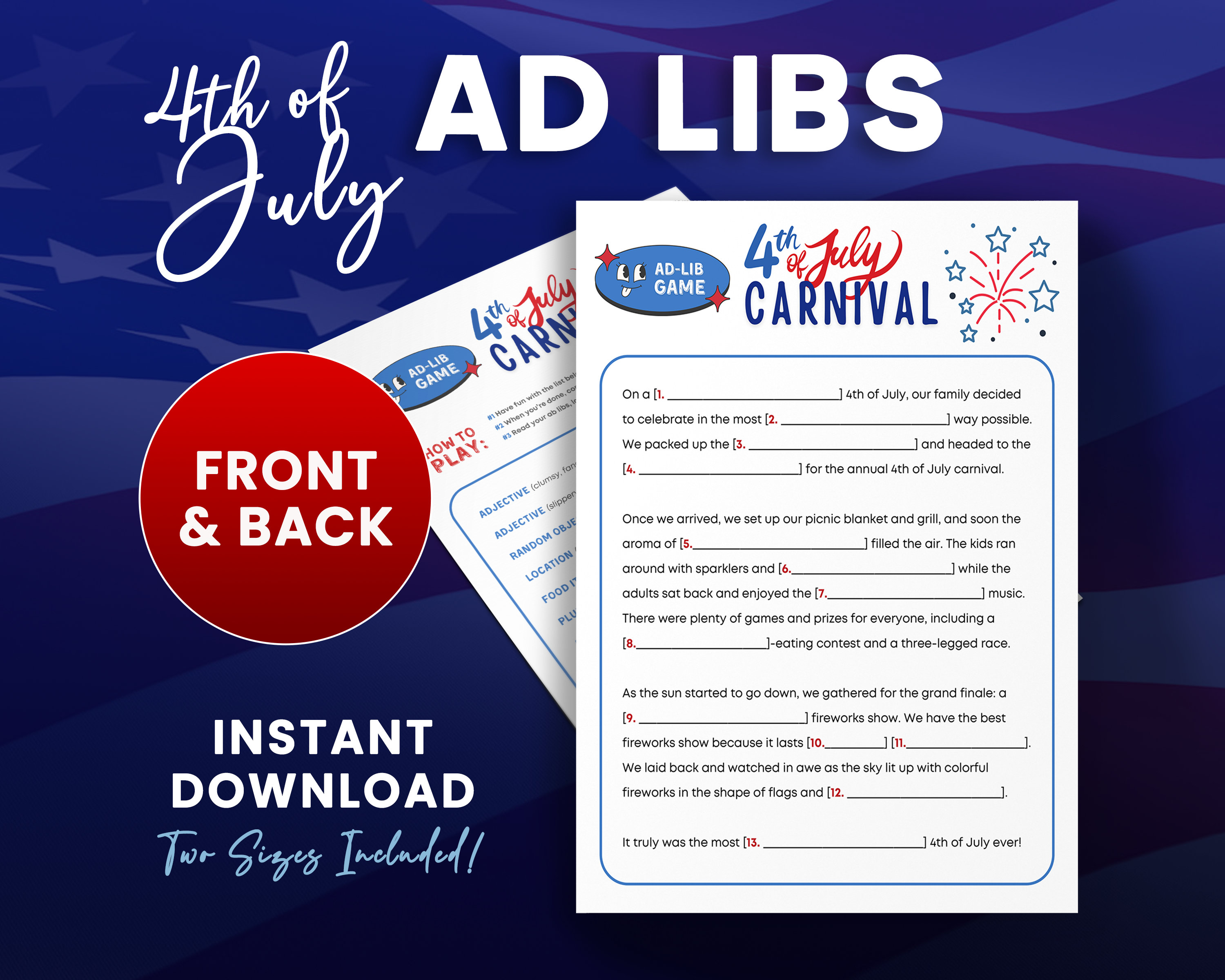 Mad Libs-style "4th of July Carnival" Game Printable Game Independence ...