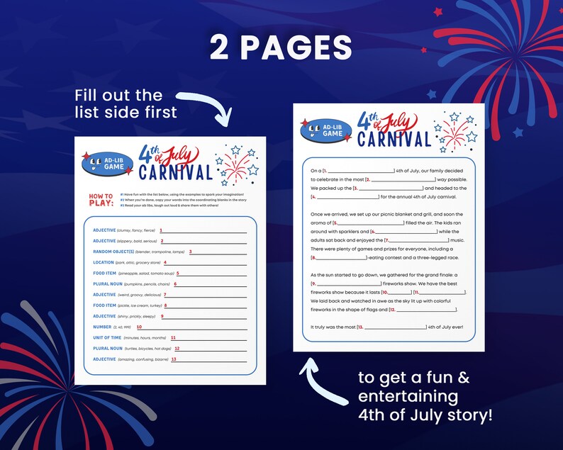Mad Libs-style "4th of July Carnival" Game Printable Game Independence ...
