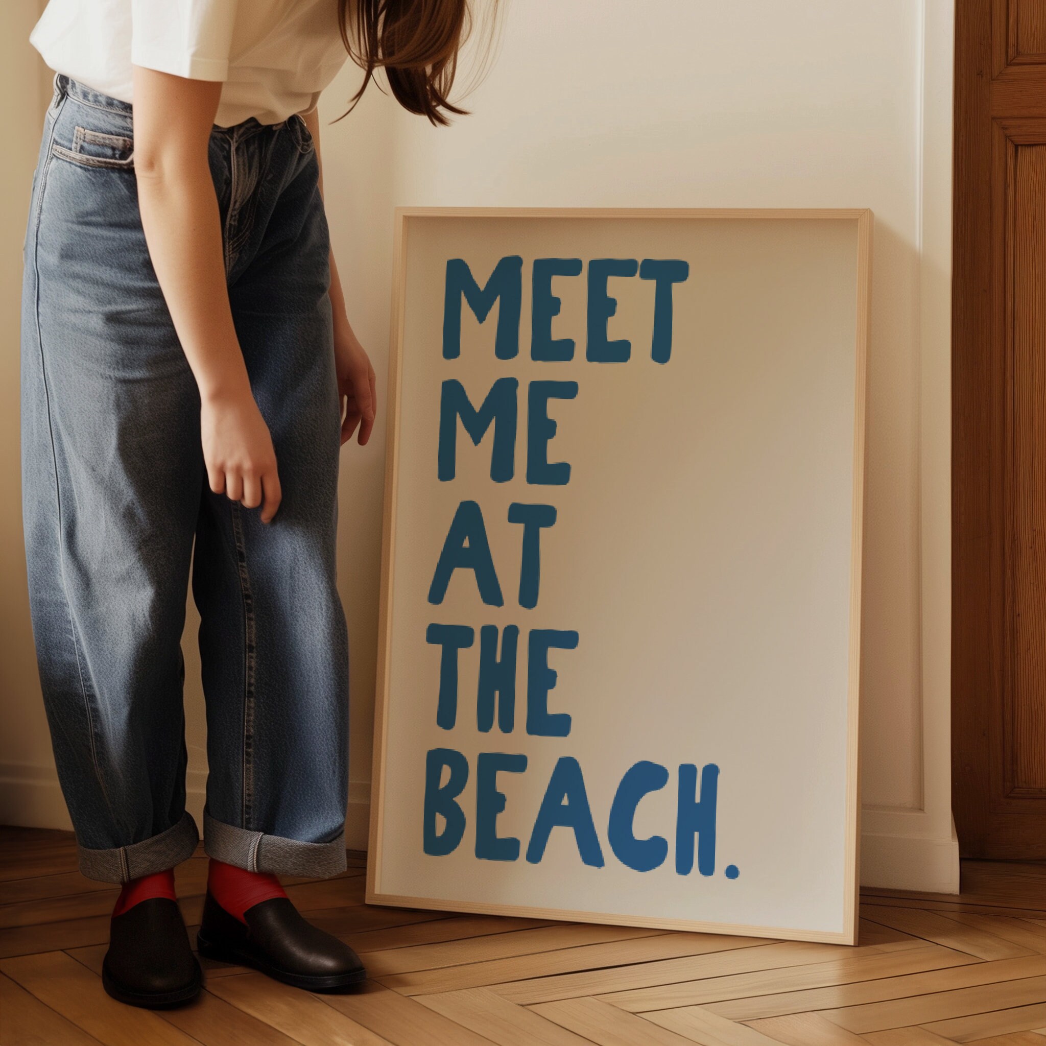 Meet Me at the Beach Poster Soft Blue Print, Trendy Coastal Wall Art ...