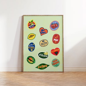 Trendy Retro Fruit Sticker Poster, Fun and Quirky Wall Decor, Colorful ...