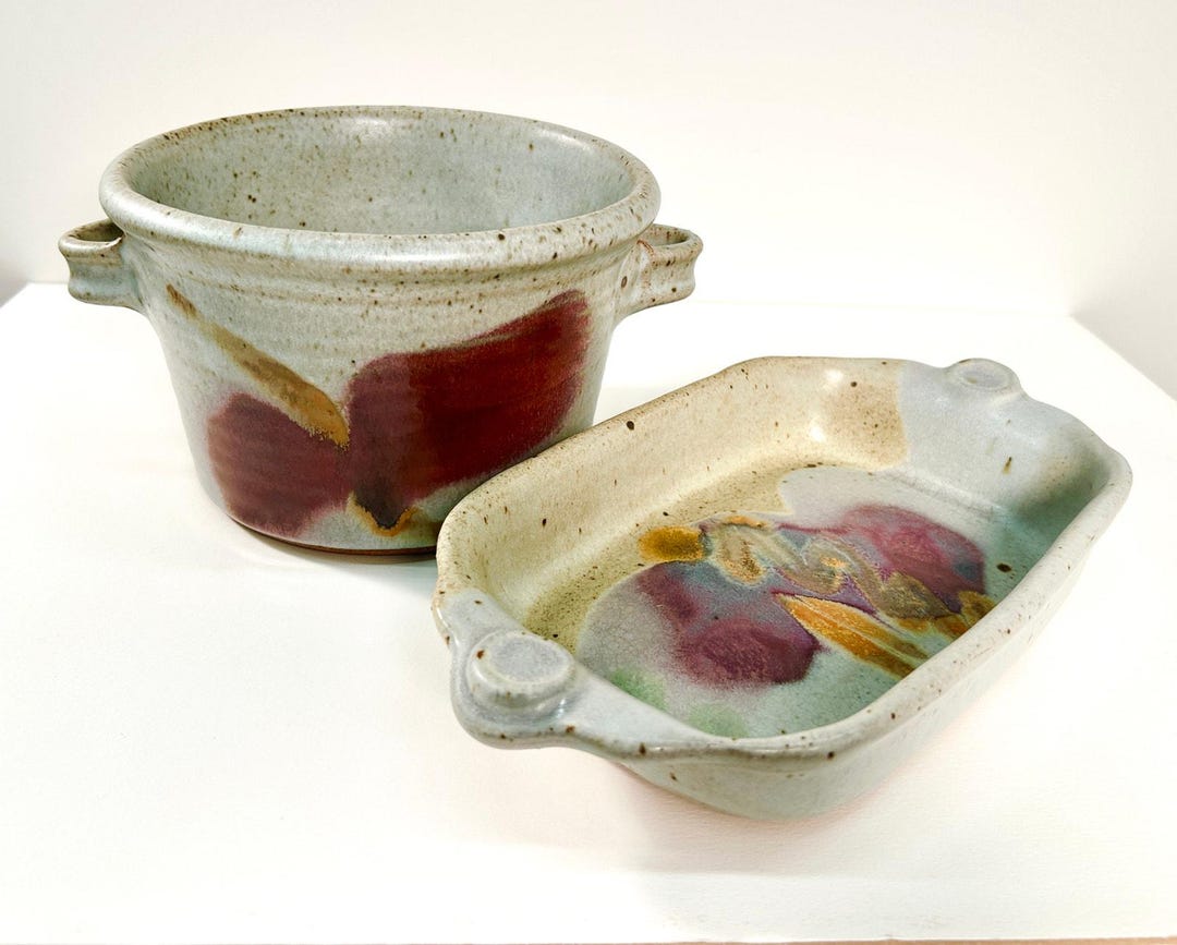 Studio Pottery Set - Bread Baker Crock + Server, Chamberlain Drip Glaze ...