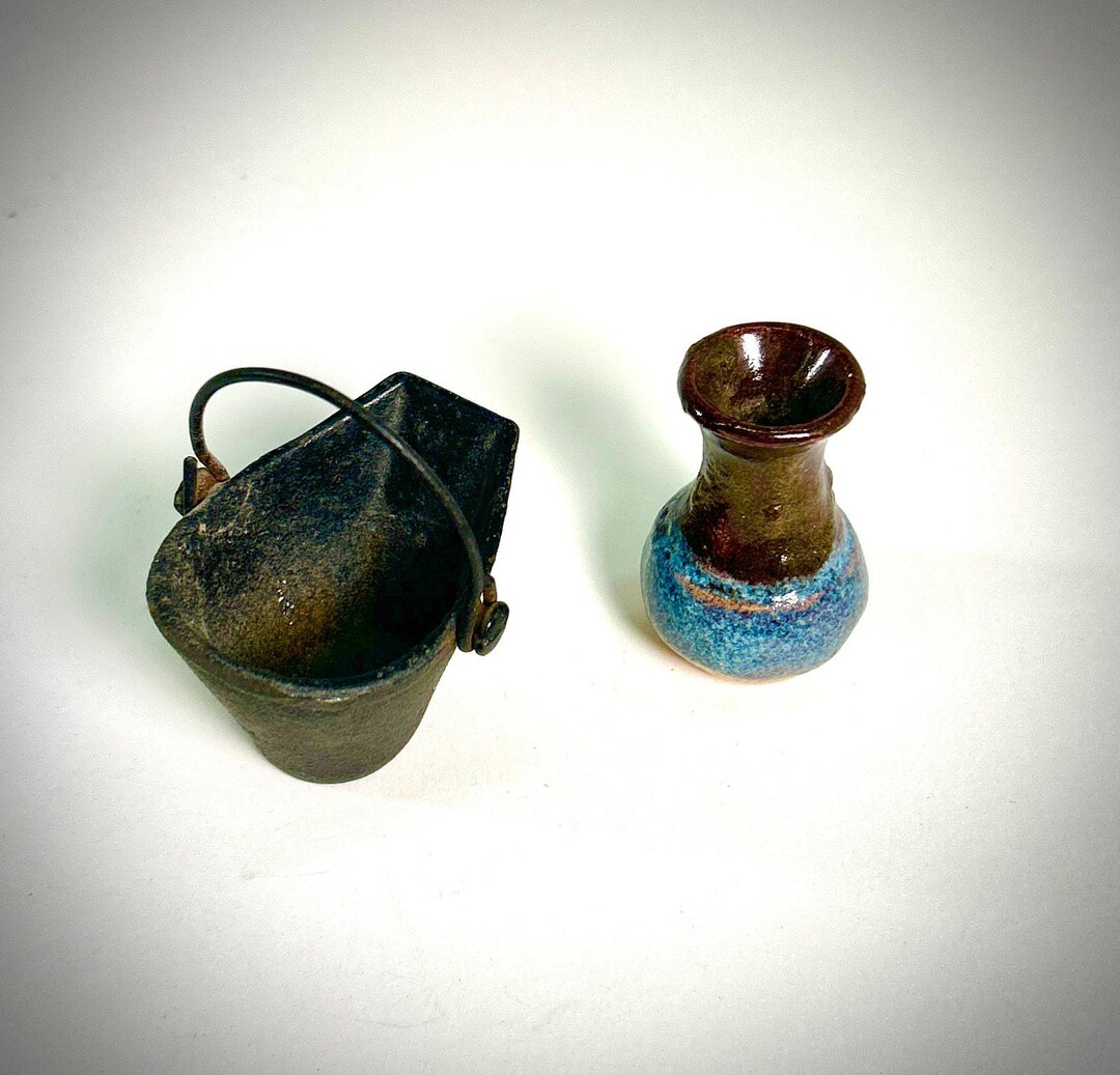 Miniature Lot, Cast Iron Coal Bucket + Rustic, Glazed Stoneware ...