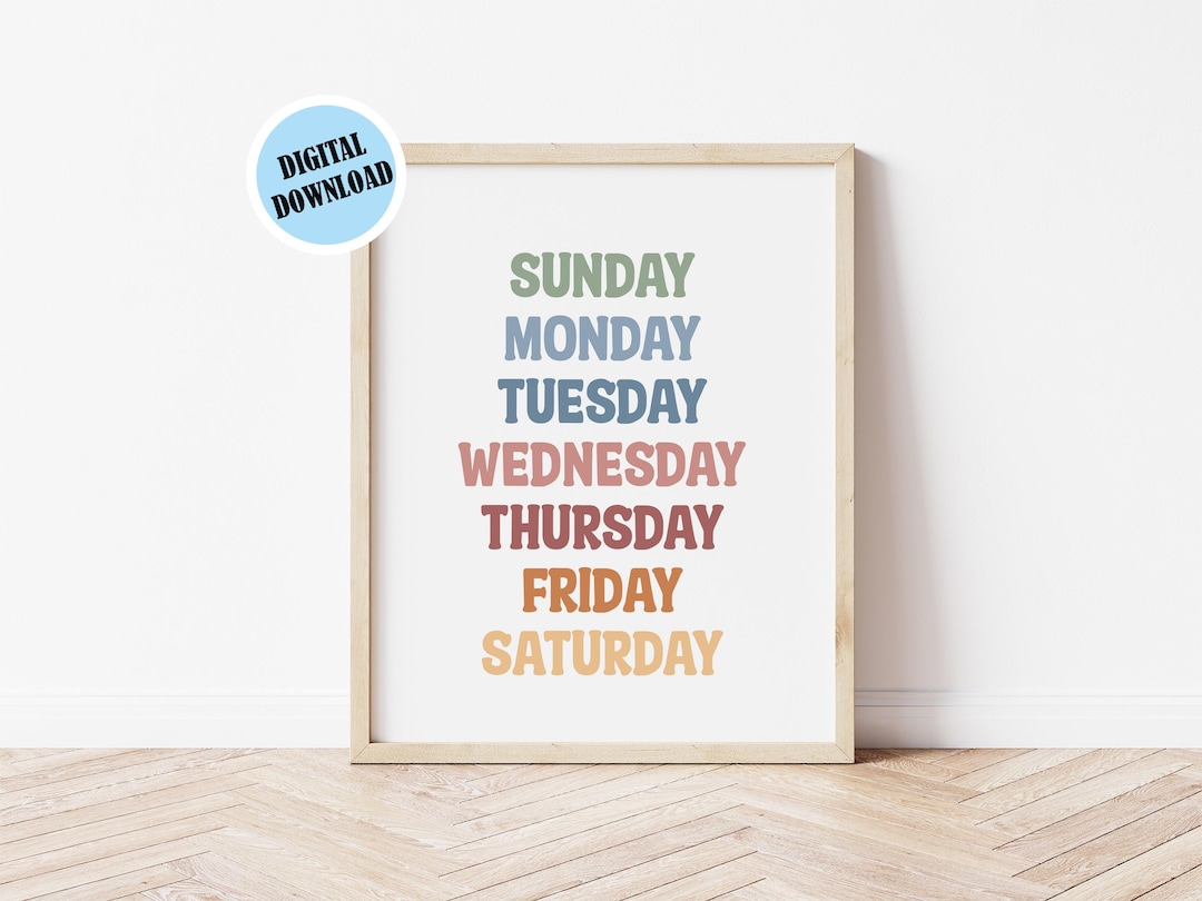 Rainbow Days of the Week, Playroom Educational Poster, Rainbow Nursery ...