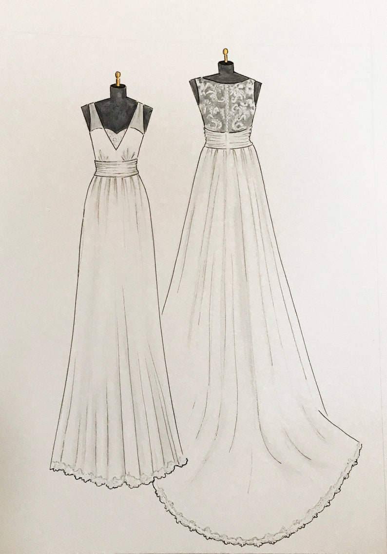 Custom Wedding Dress Sketch Front and Back, Wedding Dress Hand Drawing ...