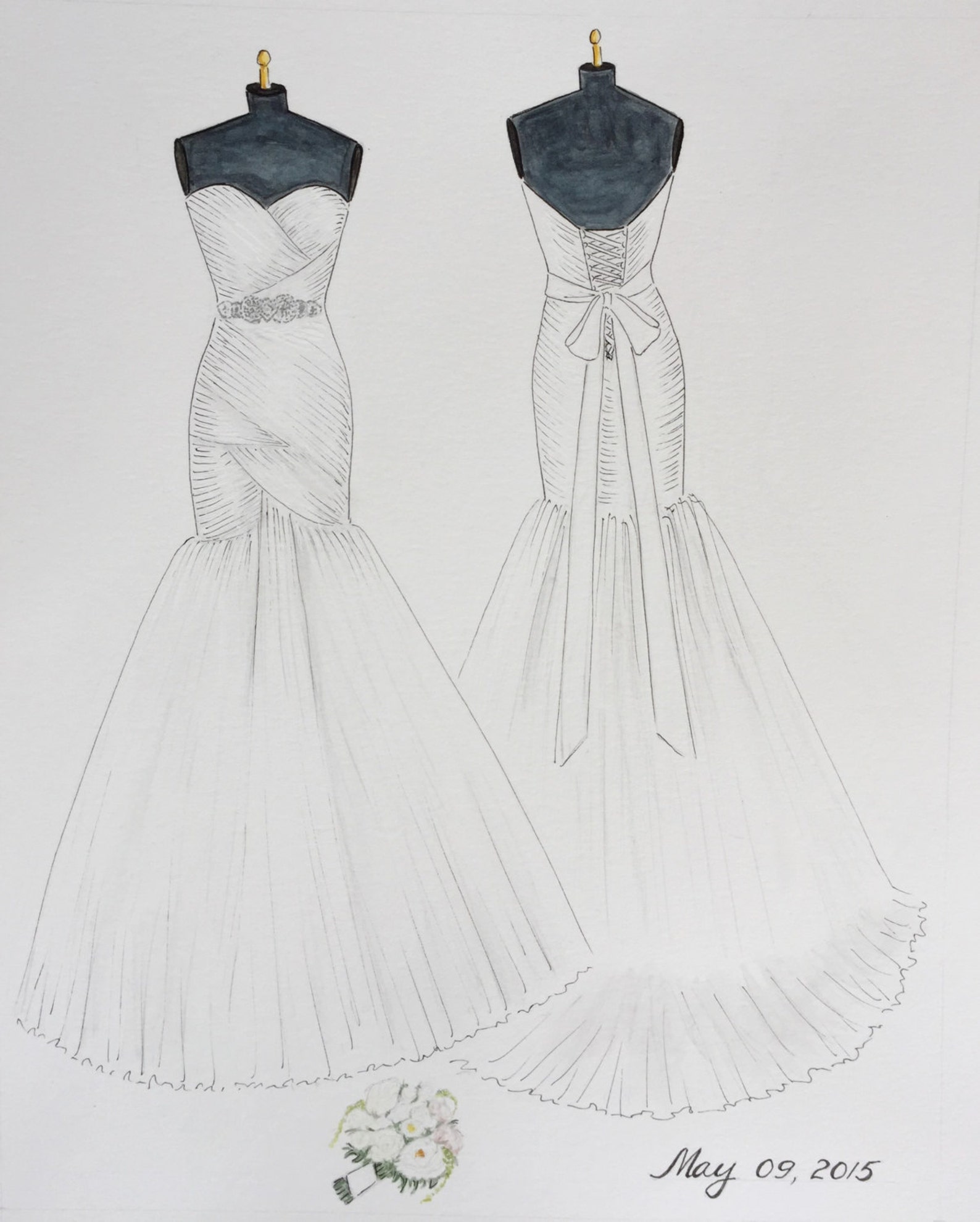 Custom Wedding Dress Sketch Front and Back, Wedding Dress Hand Drawing ...