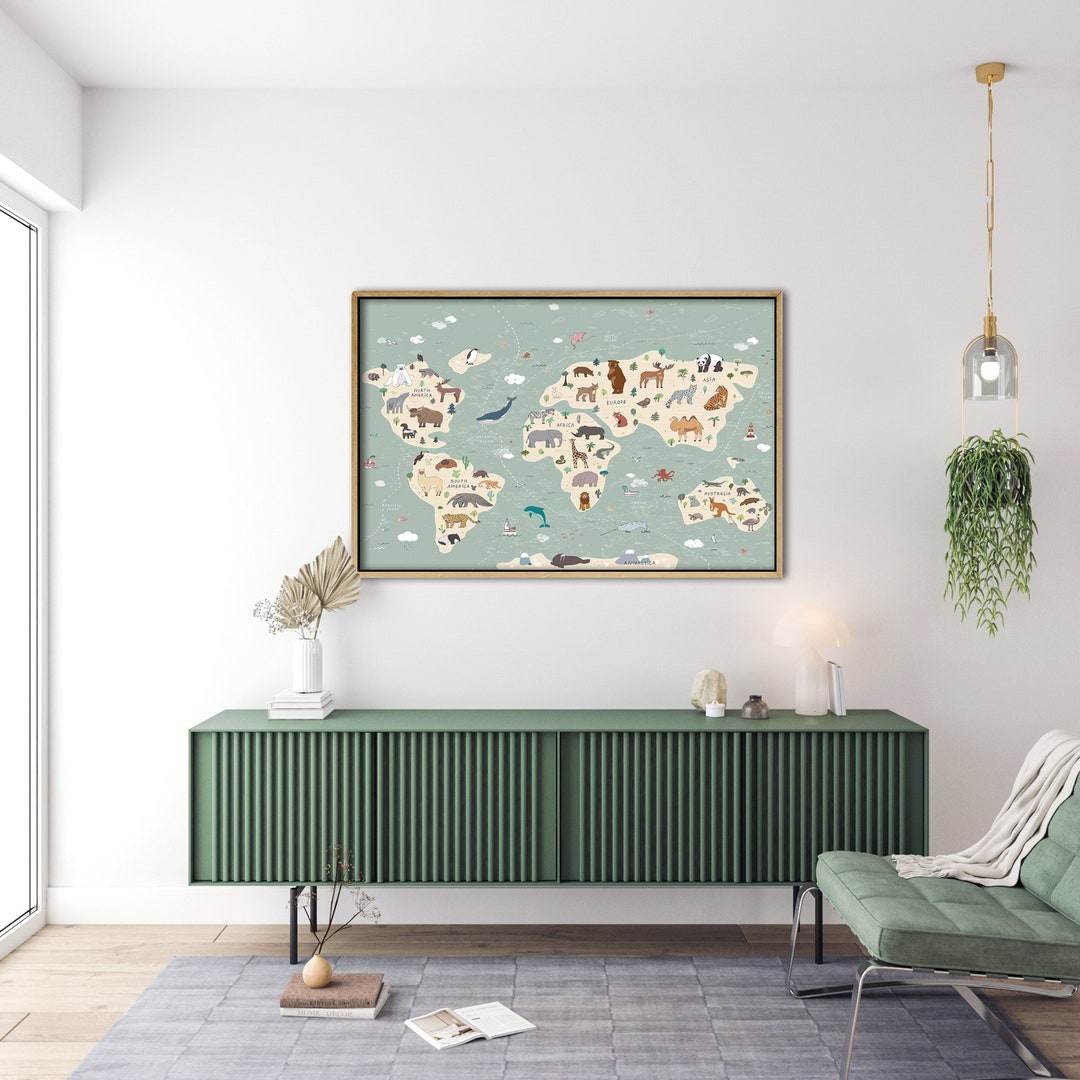 Framed Kids Room ,animal World Map Kids Wall Art,kids Animal Themed Map ...
