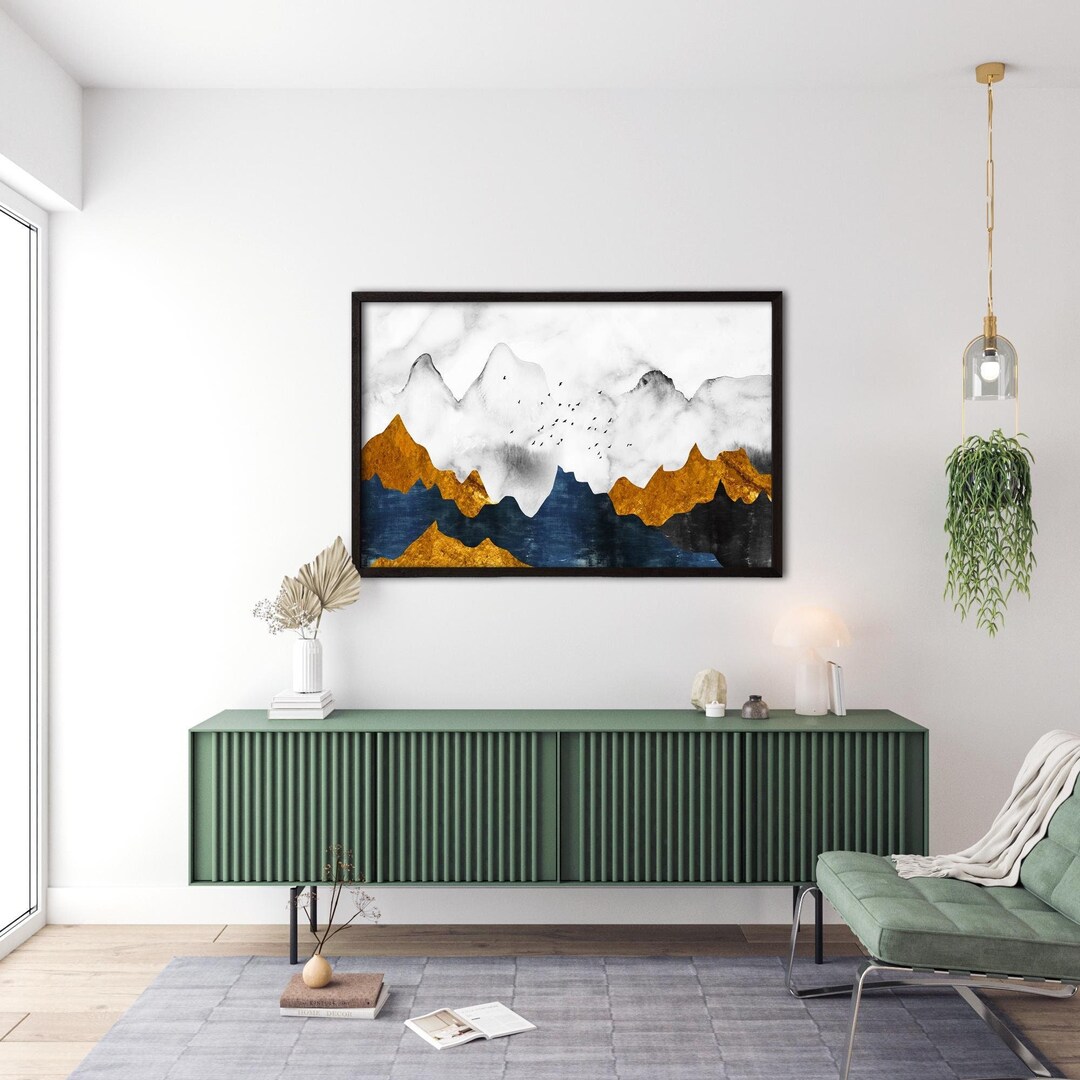 Abstract Mountain Wall Art, Gold and Navy Blue Landscape Canvas, Modern ...