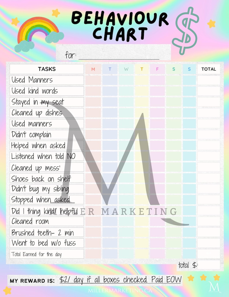 Behaviour Reward Chart for Kids | Good Behavior Tracking | Cute Rainbow ...