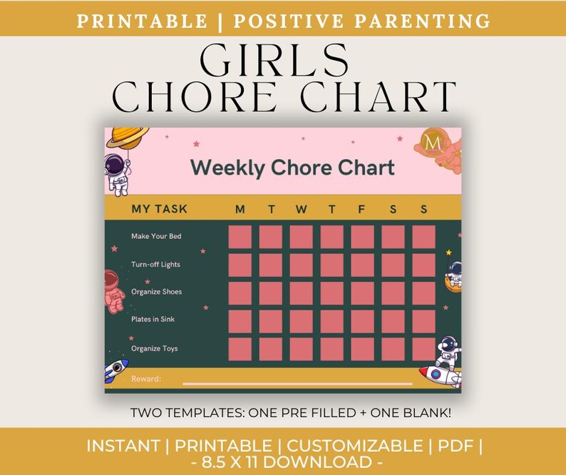 Girls Chore Chart for Good Behaviour | Kids Fun Behaviour Chore List ...