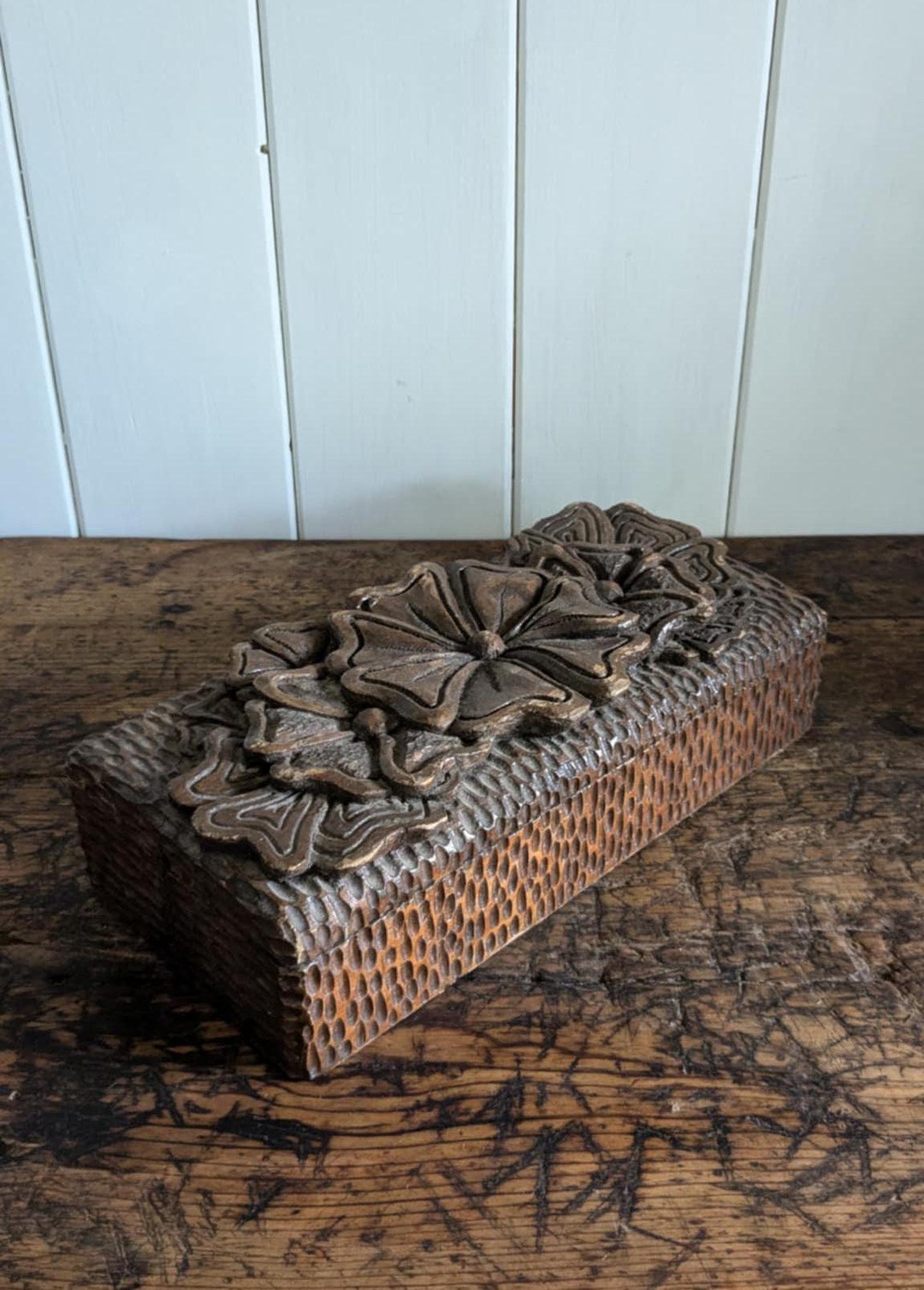Vintage Quebec, Canada Folk Art Handmade Sculpted Wood Box With Flowers ...