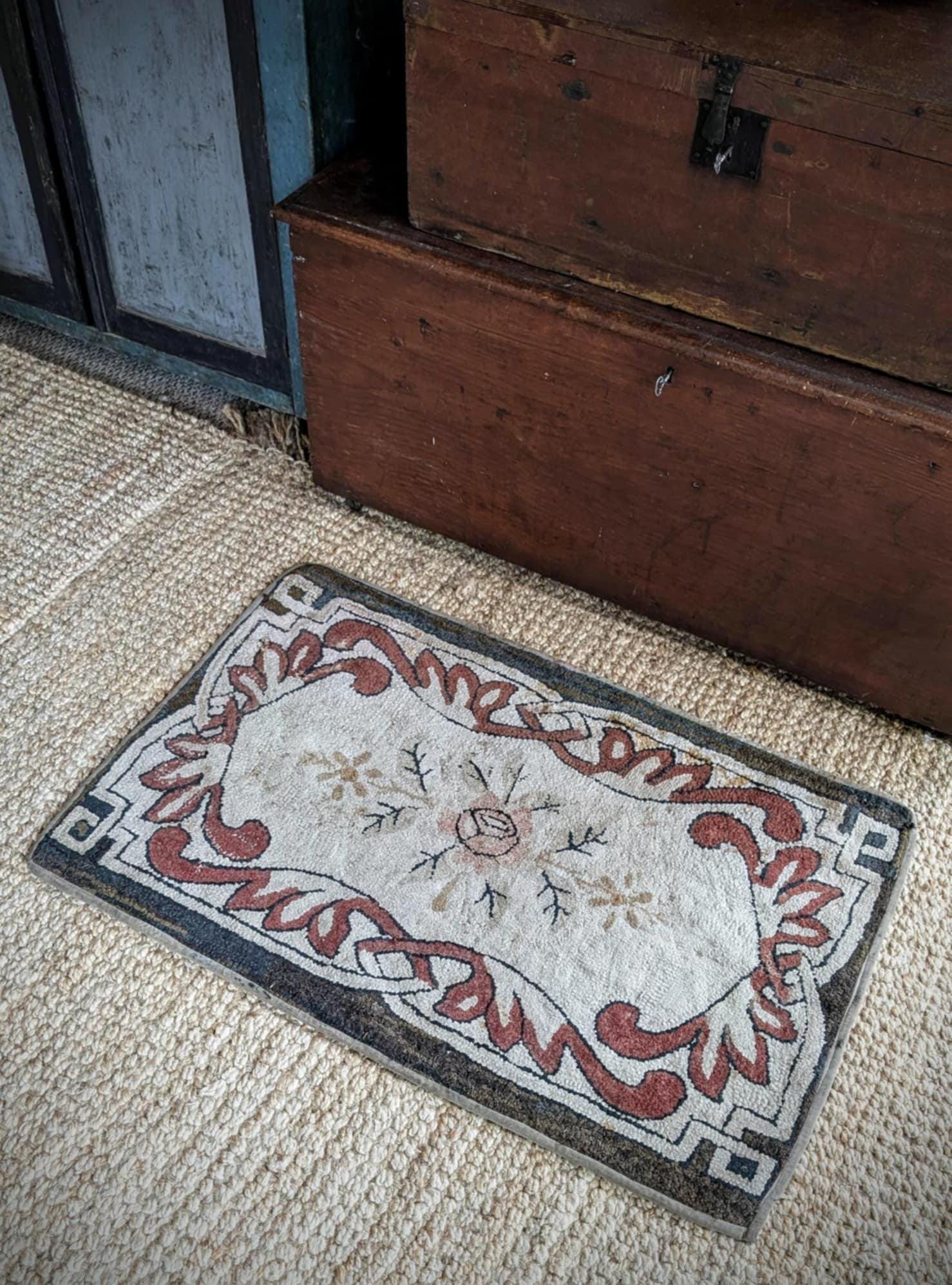 Antique 19th Century Hooked Rug Primitive Red, Pink Flower Patterns ...