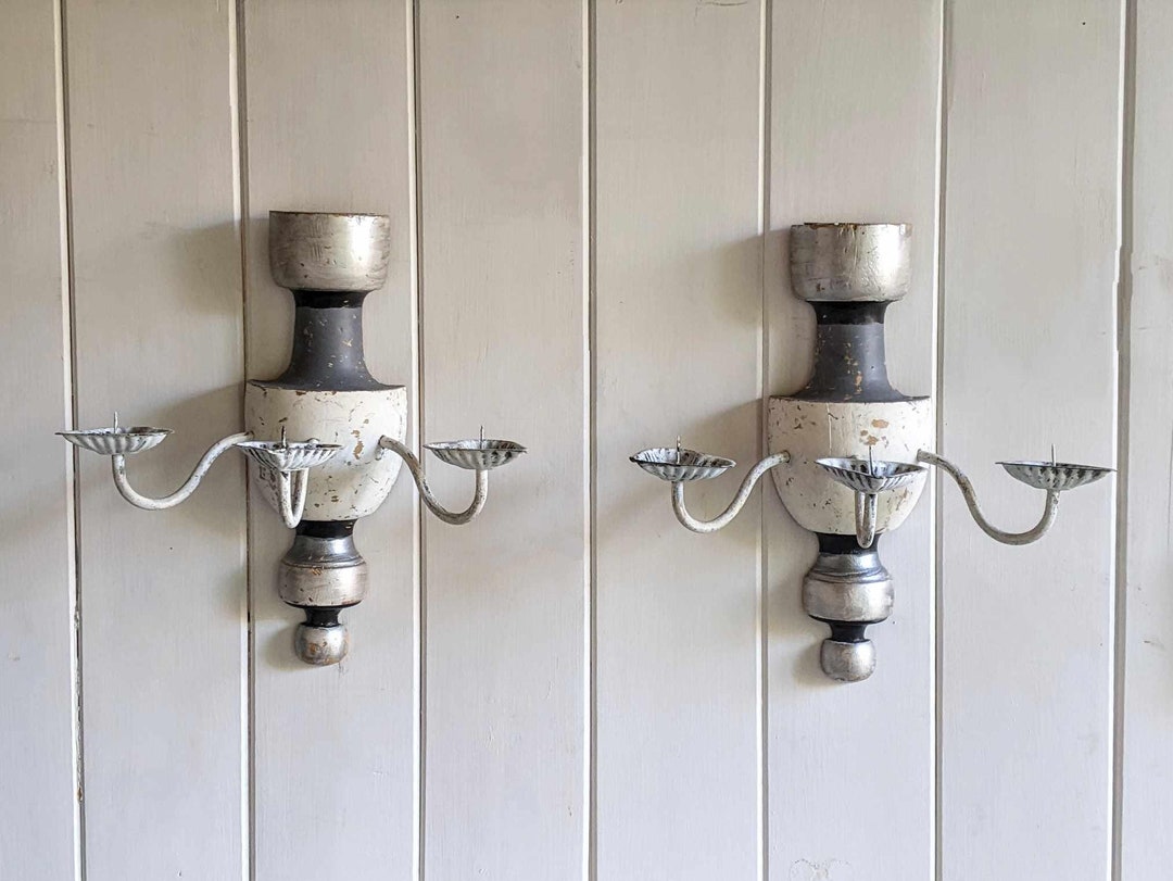 Vintage American Primitive Wooden Wall Sconces, Colonial 3 Arm Candle ...