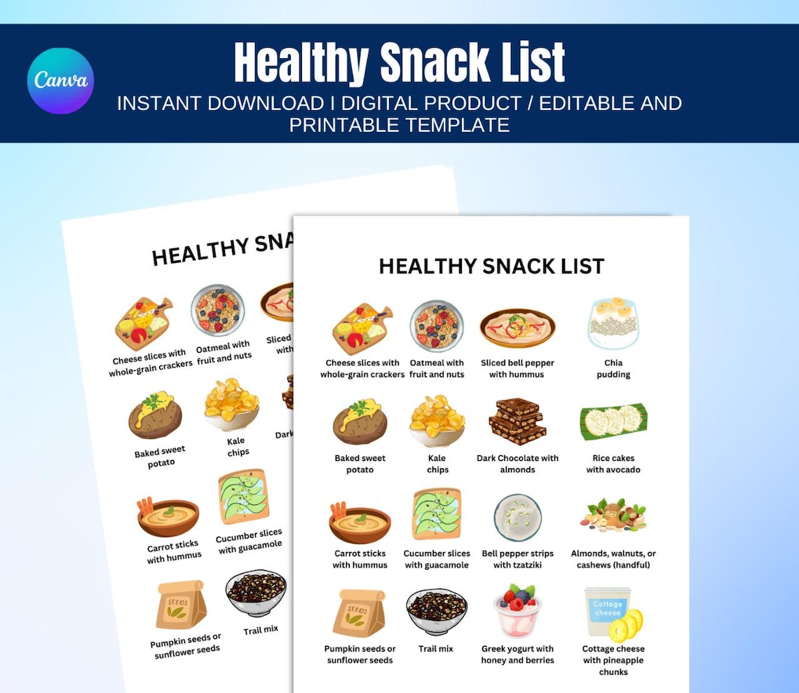 Printable Healthy Snacks List, Healthy Snacks Checklist, Meal Planning ...