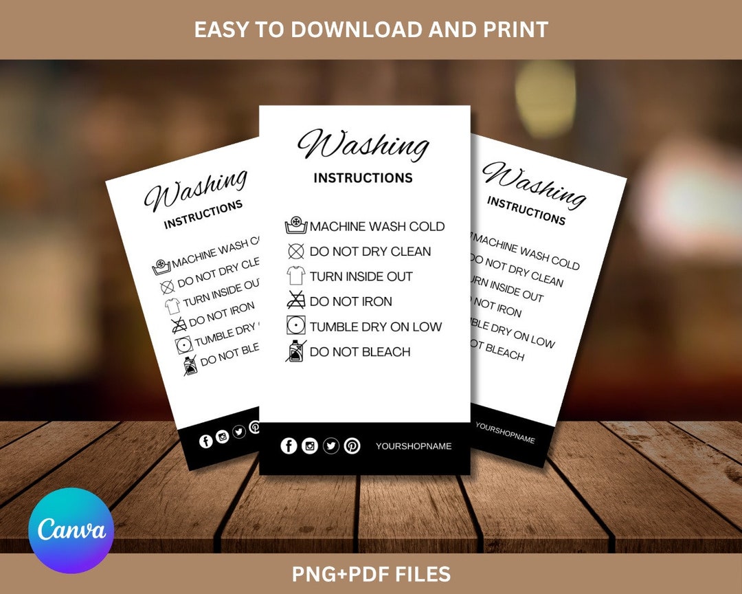 Washing Instruction Card Template, Printable Washing Care Instruction ...