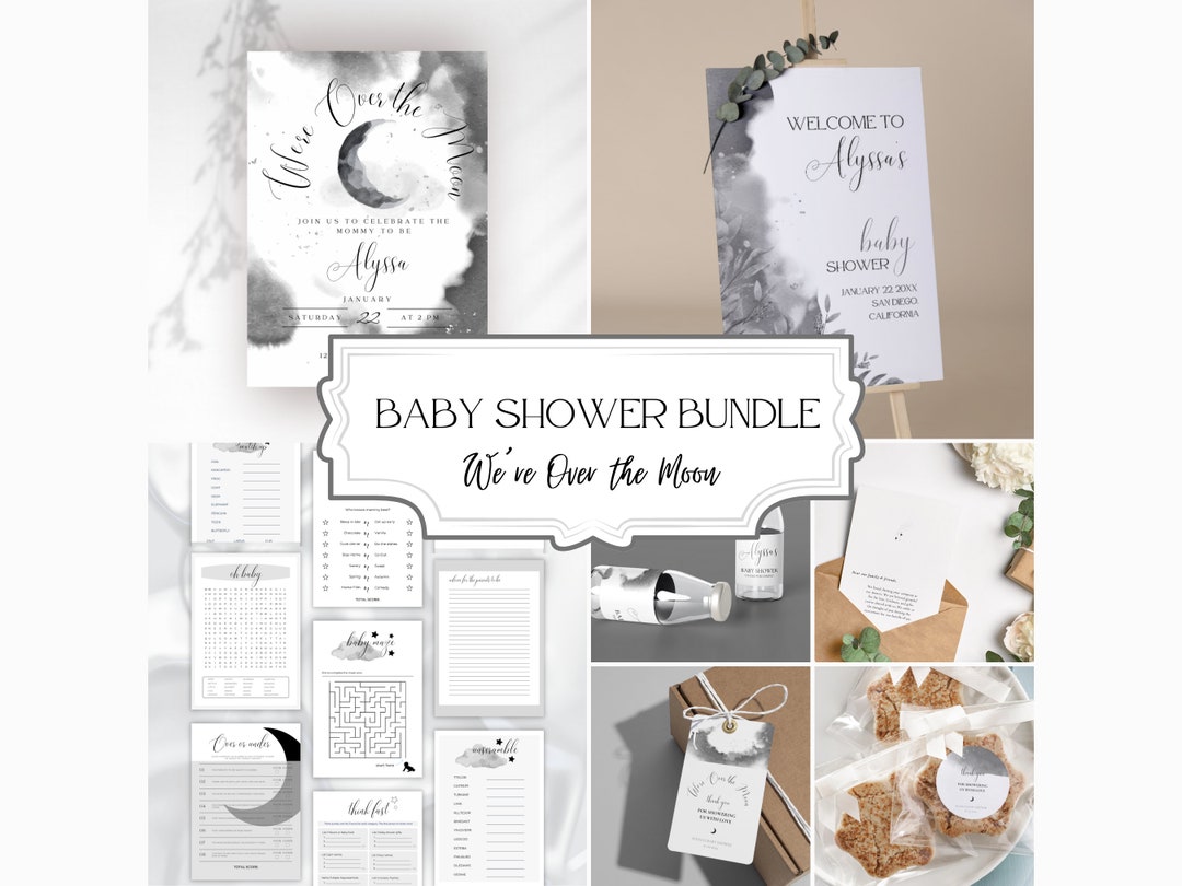 Over the Moon Black & White Baby Shower Bundle, Modern Moon, Stars ...