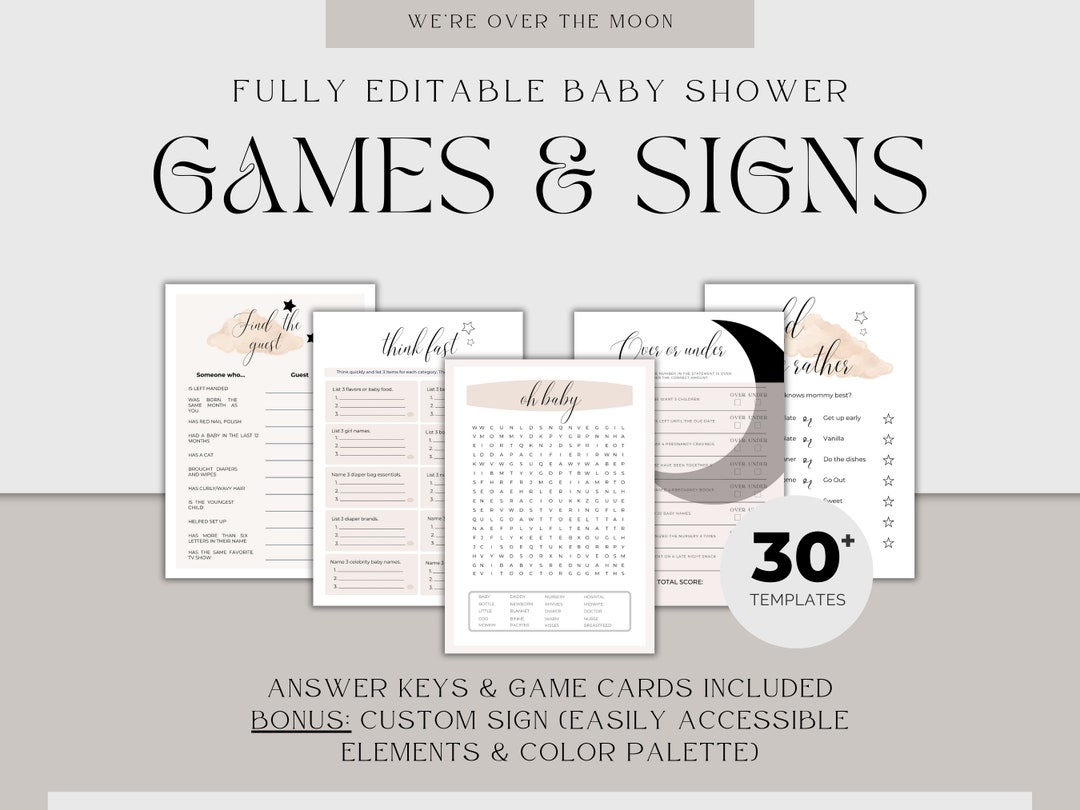 Moon & Stars Baby Shower Games and Signs Bundle, Over the Moon, Modern ...