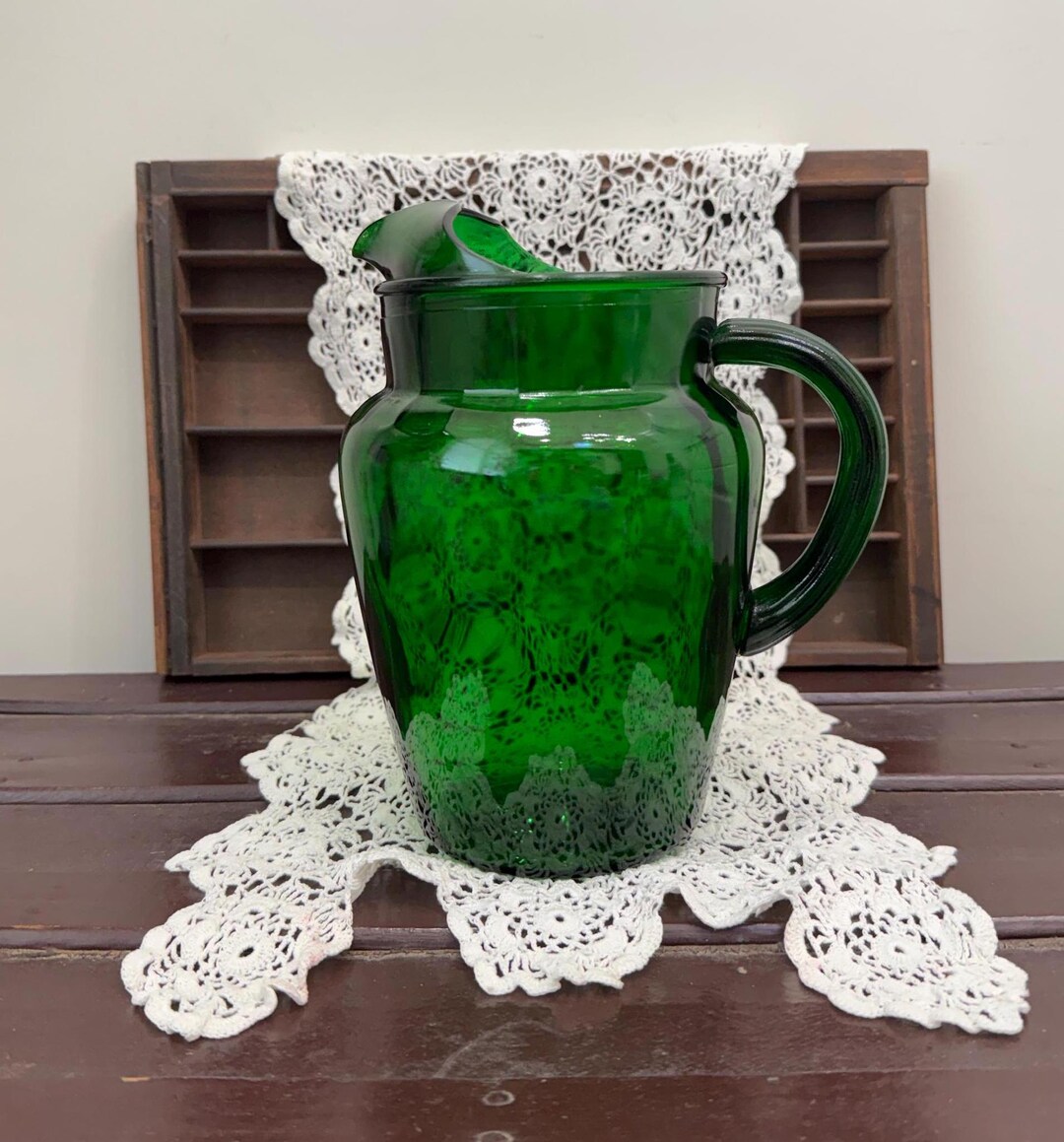 Vintage MCM Anchor Hocking Forest Green Pitcher With Ice Lip - Etsy