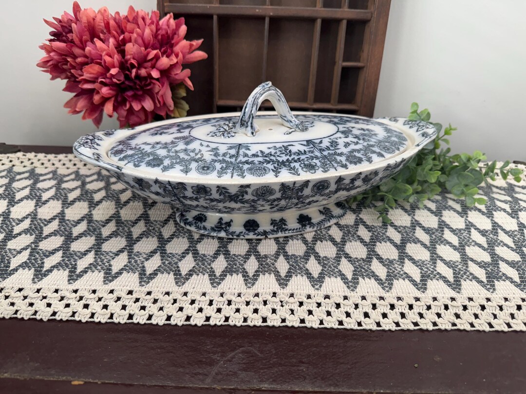 Antique Copeland Spode Blue Grey Delhi Footed Oval Covered Vegetable ...