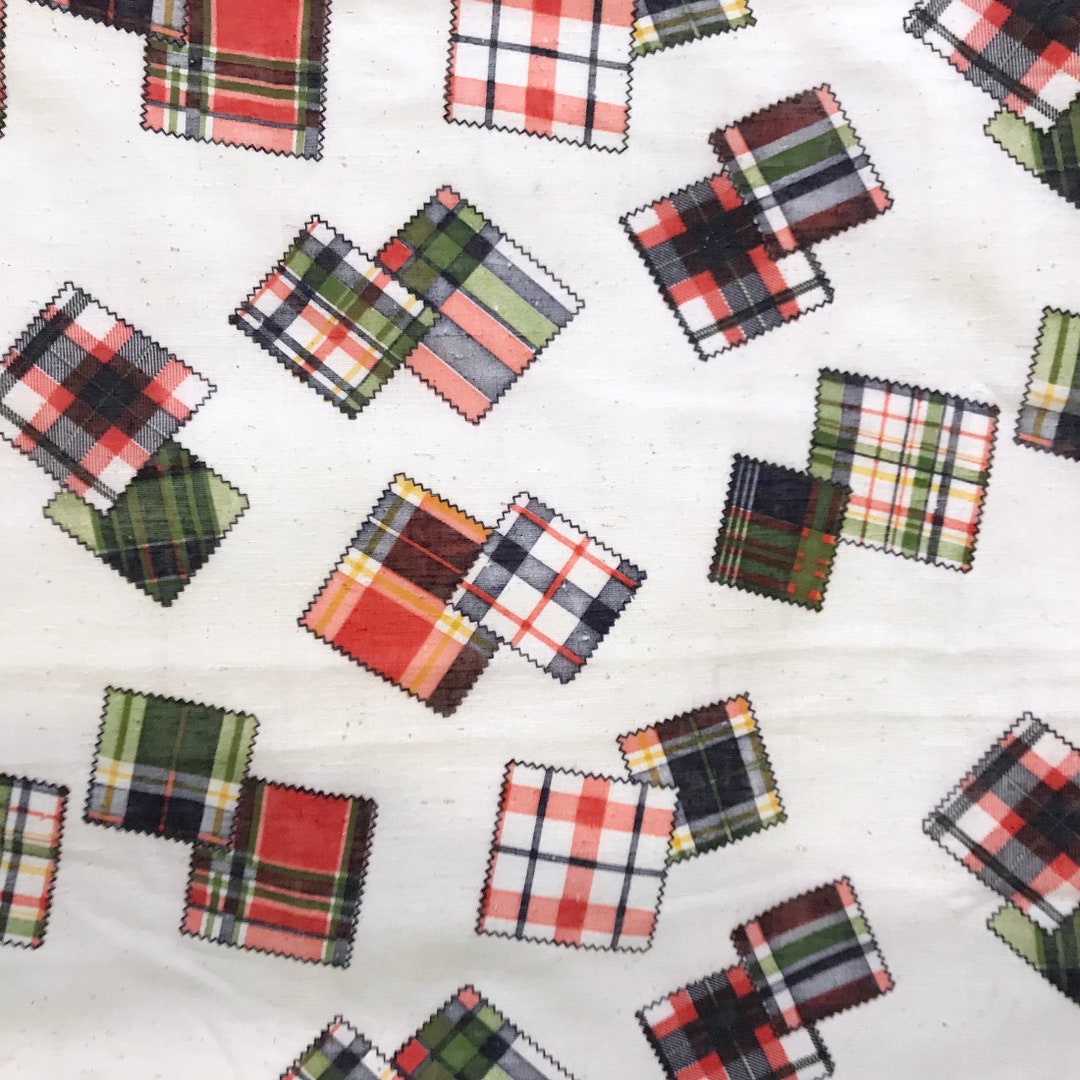 Vintage 70s Fabric Patchwork Pattern Flecked Sheer Muslin Red Green MCM ...