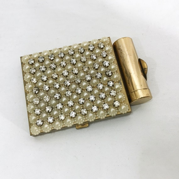 Vintage compact Lipstick and Powder case Pearl Rhines… - Gem