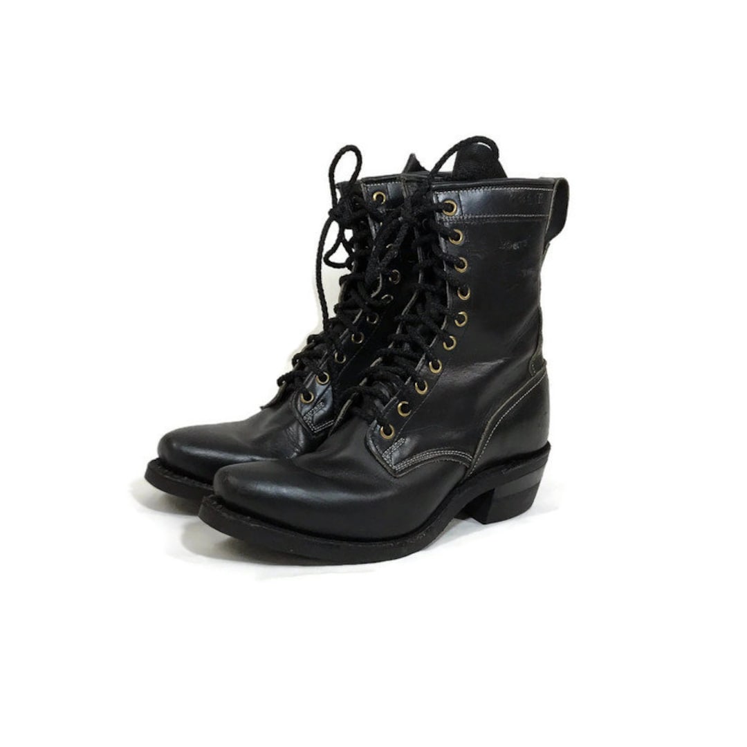 Vintage Dayton Boots 1990s Lace up Black Leather Granny Combat Snub Toe ...