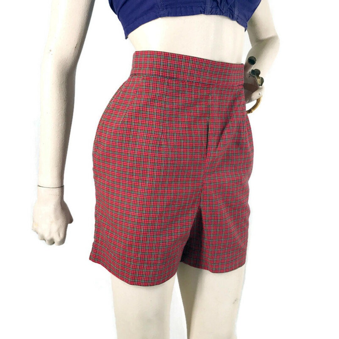Vintage 50s Shorts Jantzen Red Tartan Plaid Cotton High Waist Side Zip ...