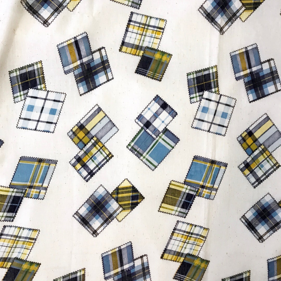 Vintage 70s Fabric Patchwork Pattern Flecked Sheer Muslin Blue Yellow ...