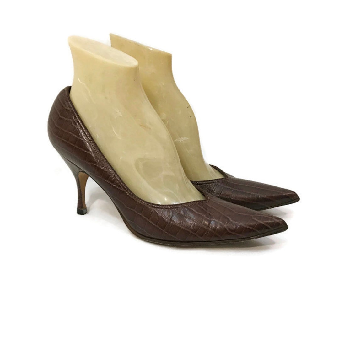 Vintage 50s 60s Shoes Brown Faux Alligator Leather Pumps Pointy Toe ...