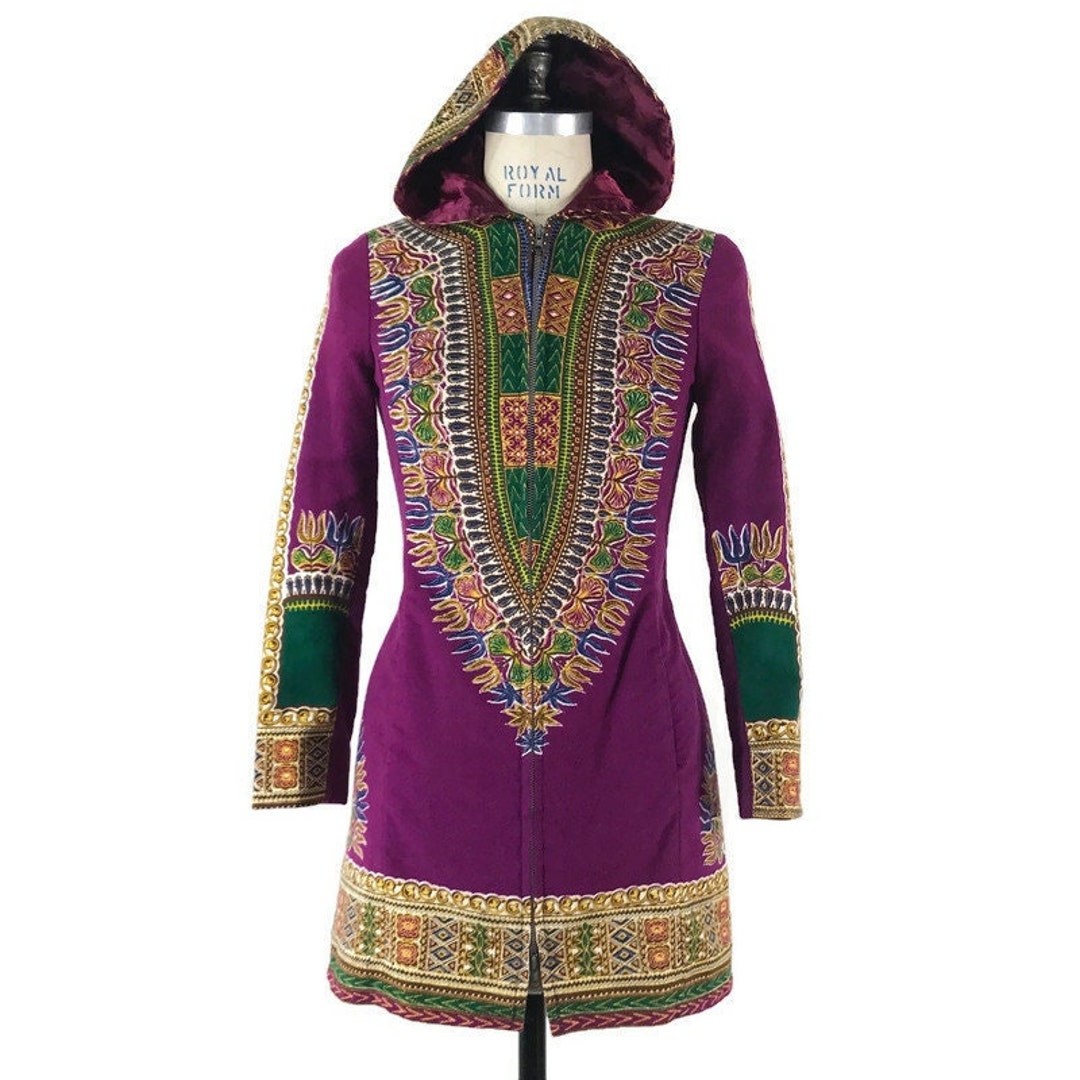 Vintage 70s Jacket Lady Utex Dashiki Print Purple Hooded Hippie Coat - Etsy