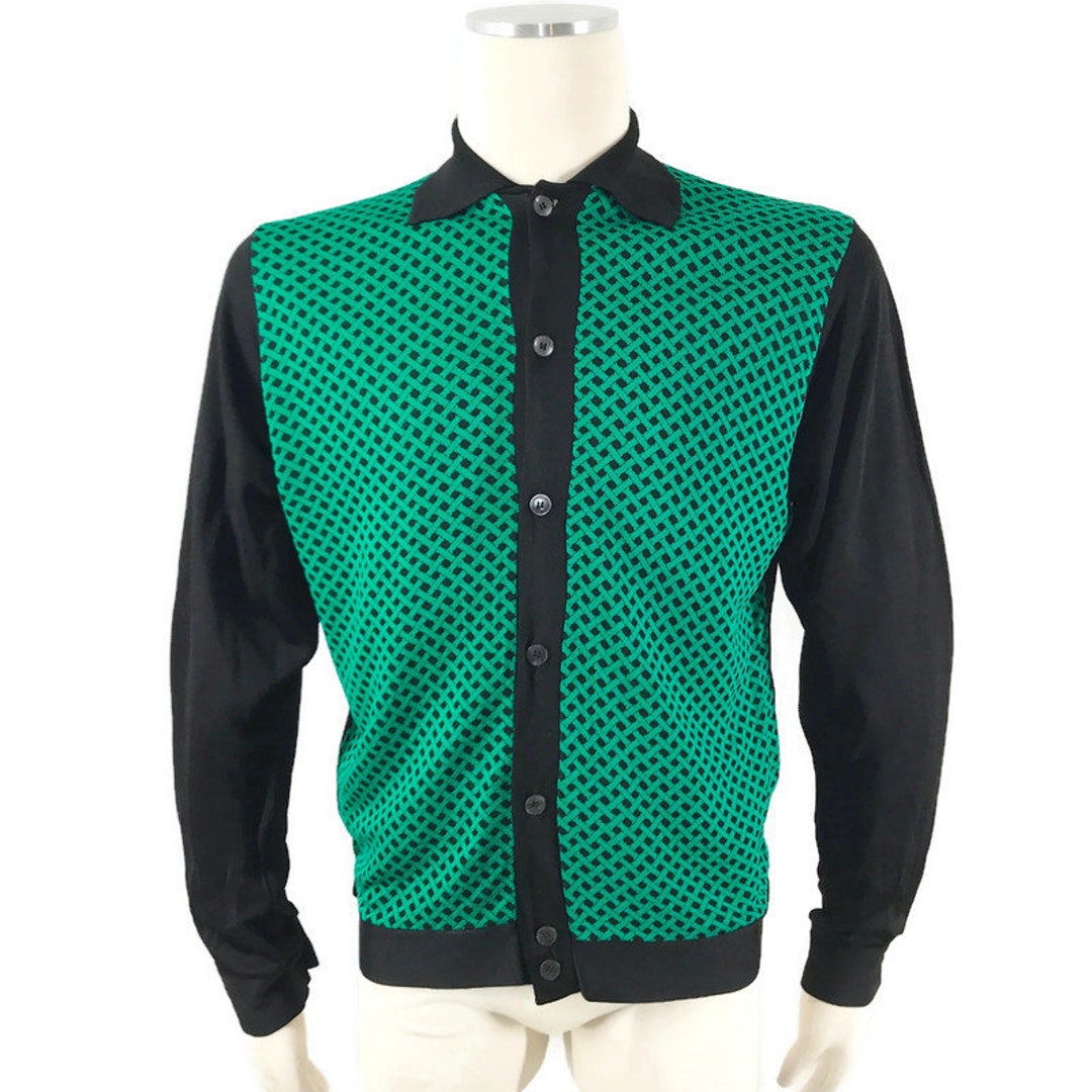 Vintage 60s Sweater Diplomat Mod Panel Acetate Knit Green Black Button ...