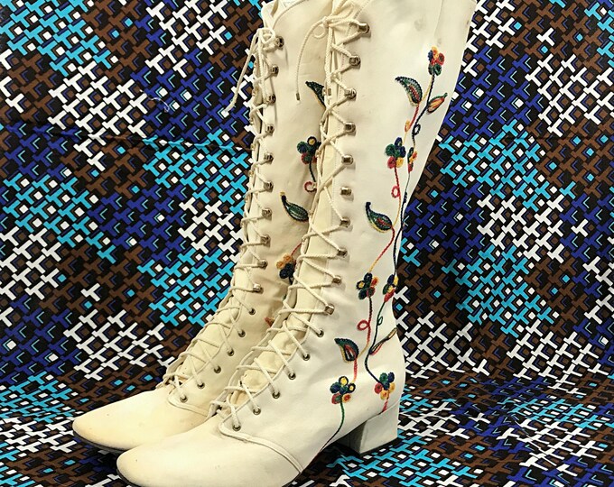Vintage 60s 70s Gogo Boots Knee High Embroidered White Jack Rogers AS ...