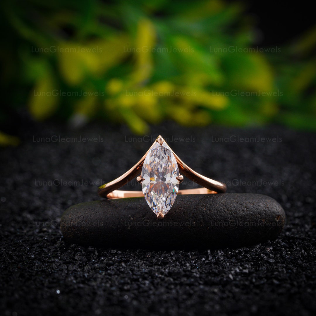 Solitaire Ring, 18K Solid Rose Gold Ring, 2.0 Ct Marquise Cut Lab ...