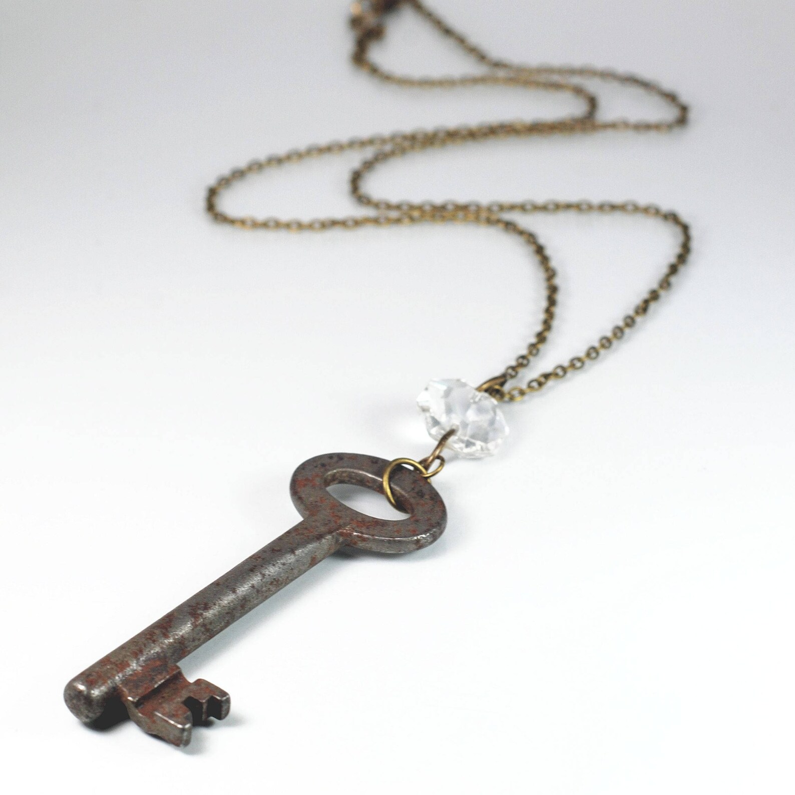 Skeleton Key Necklace- Chandelier Crystal & Rusty Silver Key Necklace ...