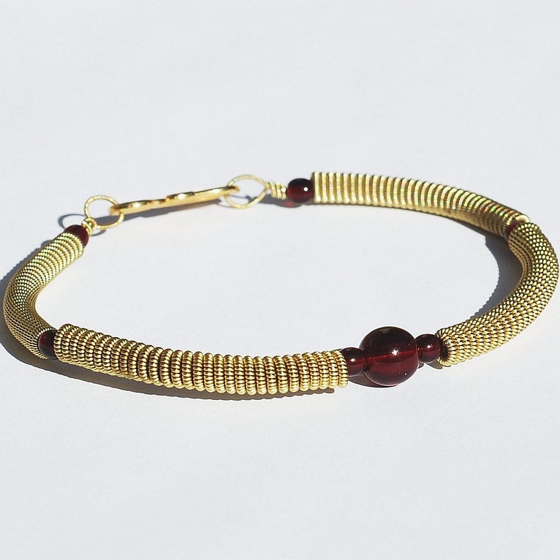 Guitar String Bracelet Garnet Red Bead & Brass Upcycled - Etsy