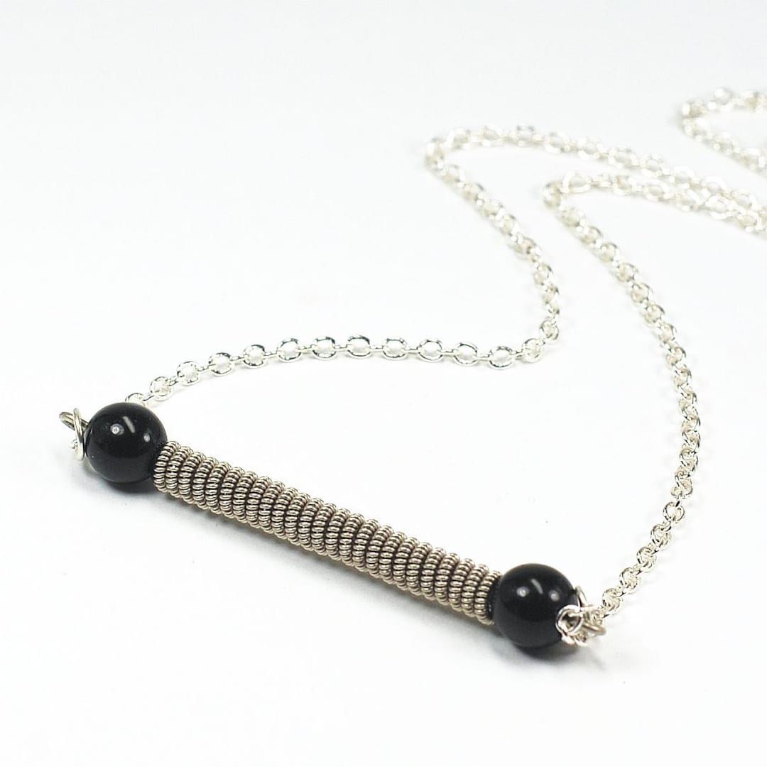 Guitar String Necklace- Upcycled Black Bead & Silver Bar Necklace ...