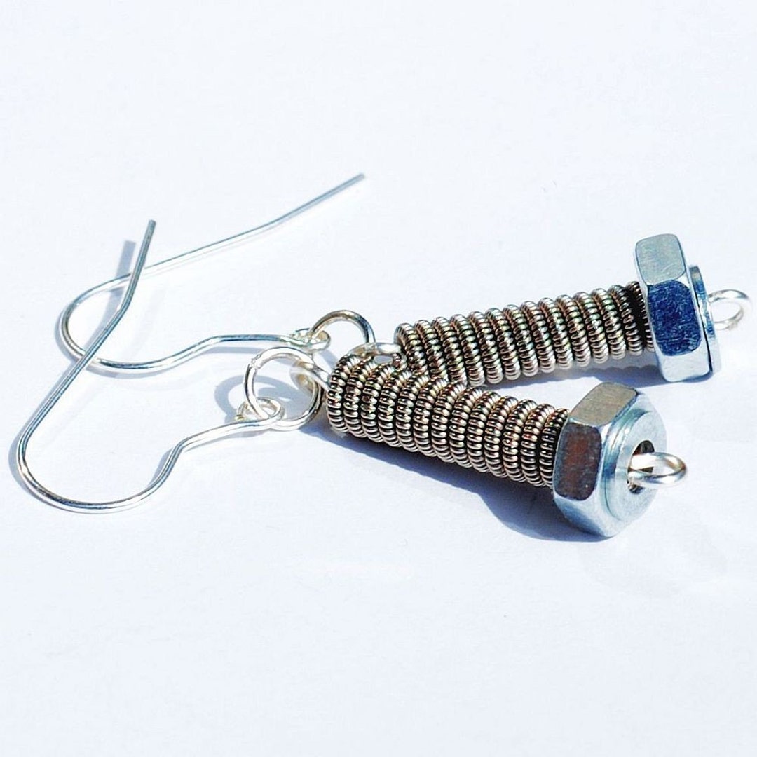 Guitar String Earrings- Guitar String Jewelry, Upcycled Hex Nut Silver ...