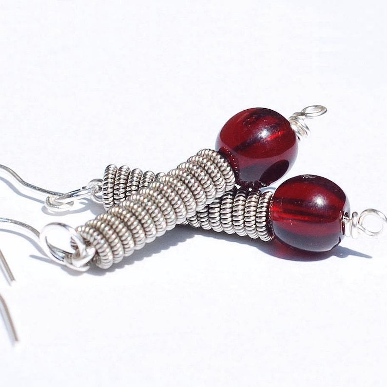 Guitar String Jewelry- Silver & Garnet Red Bead Guitar String Earrings ...