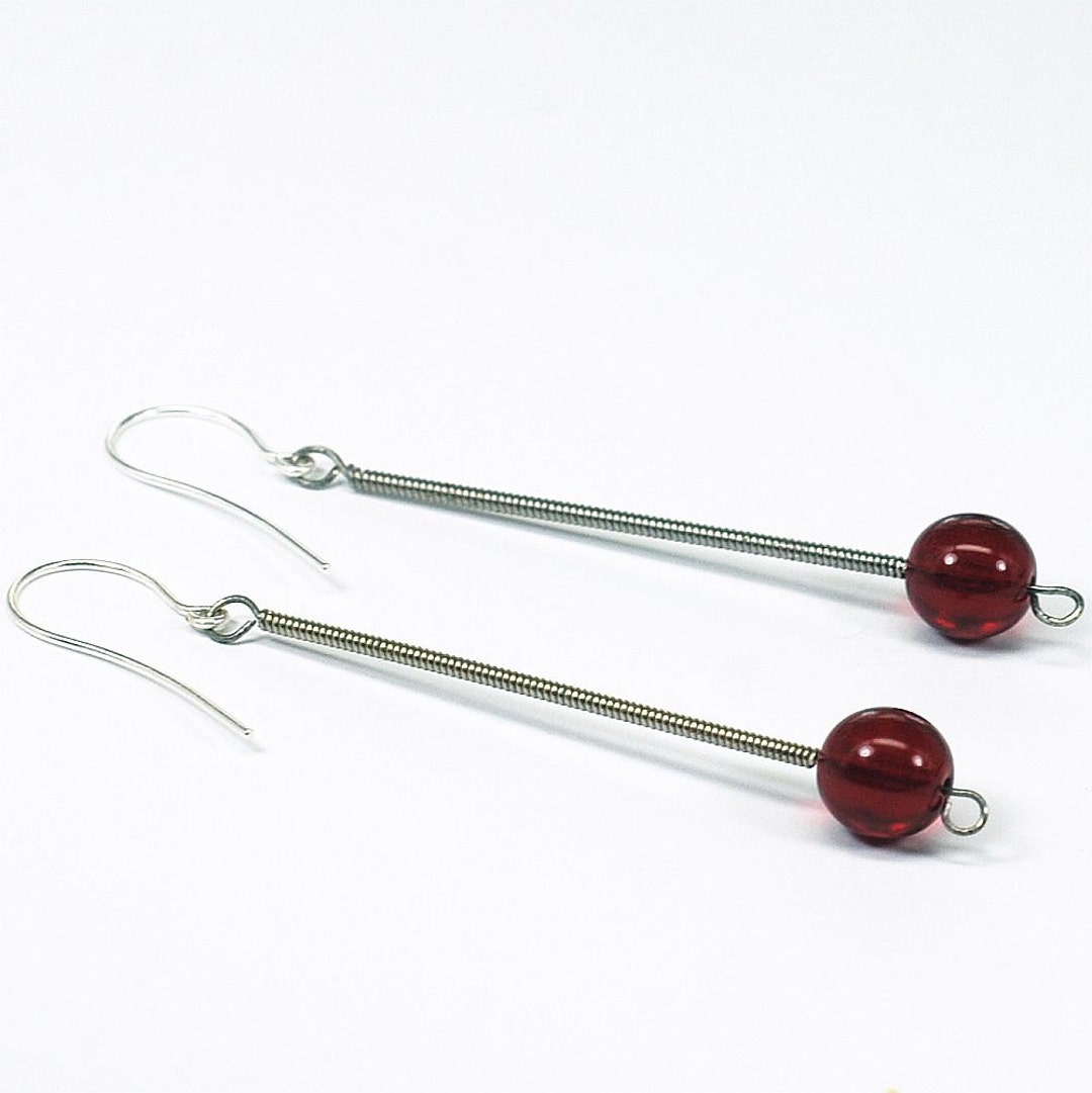 Guitar String Earrings- Garnet Red Drop Upcycled Guitar String Jewelry ...