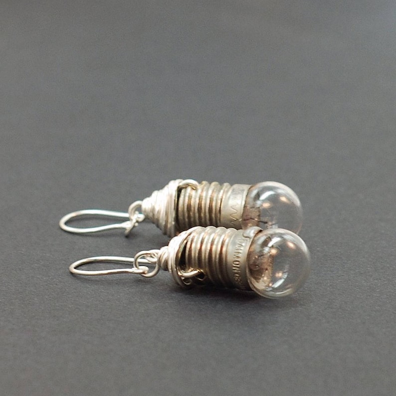 Industrial Light Bulb Earrings- Silver Upcycled Steampunk Earrings ...