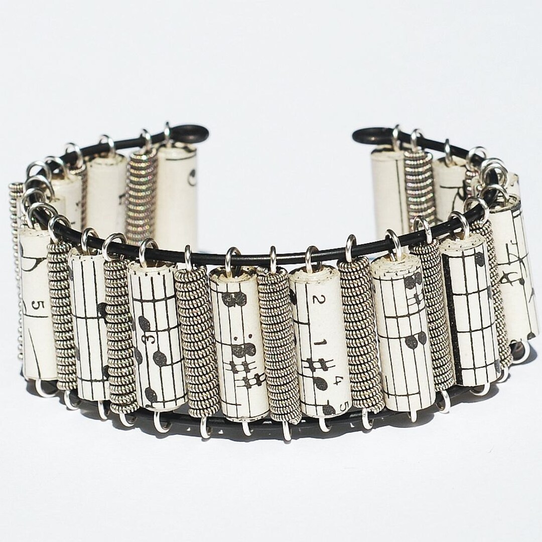 Guitar String Bracelet- Silver Sheet Music Paper Bead Jewelry, Guitar ...