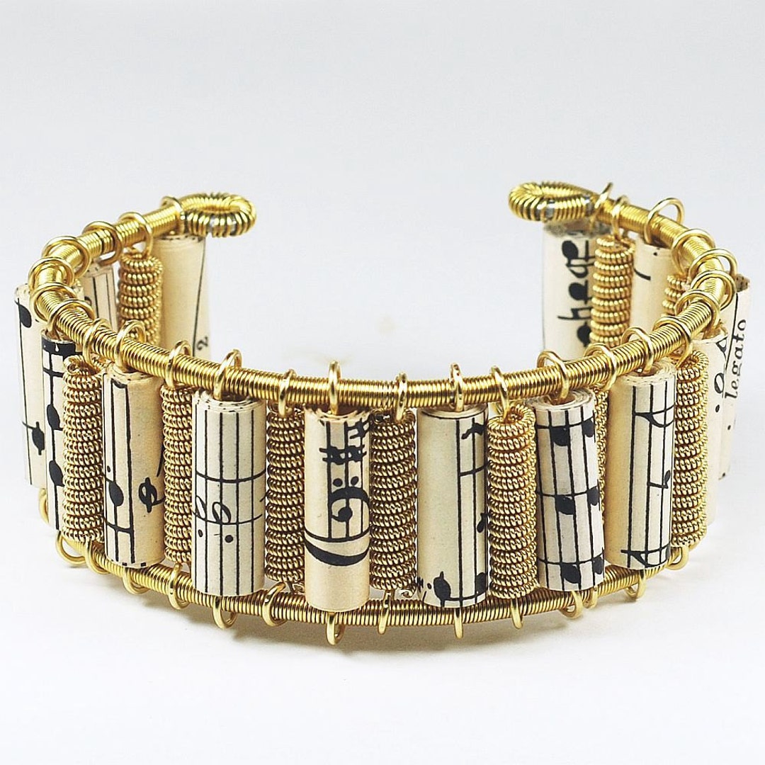 Guitar String Bracelet- Sheet Music Paper Bead Jewelry, Brass Cuff ...