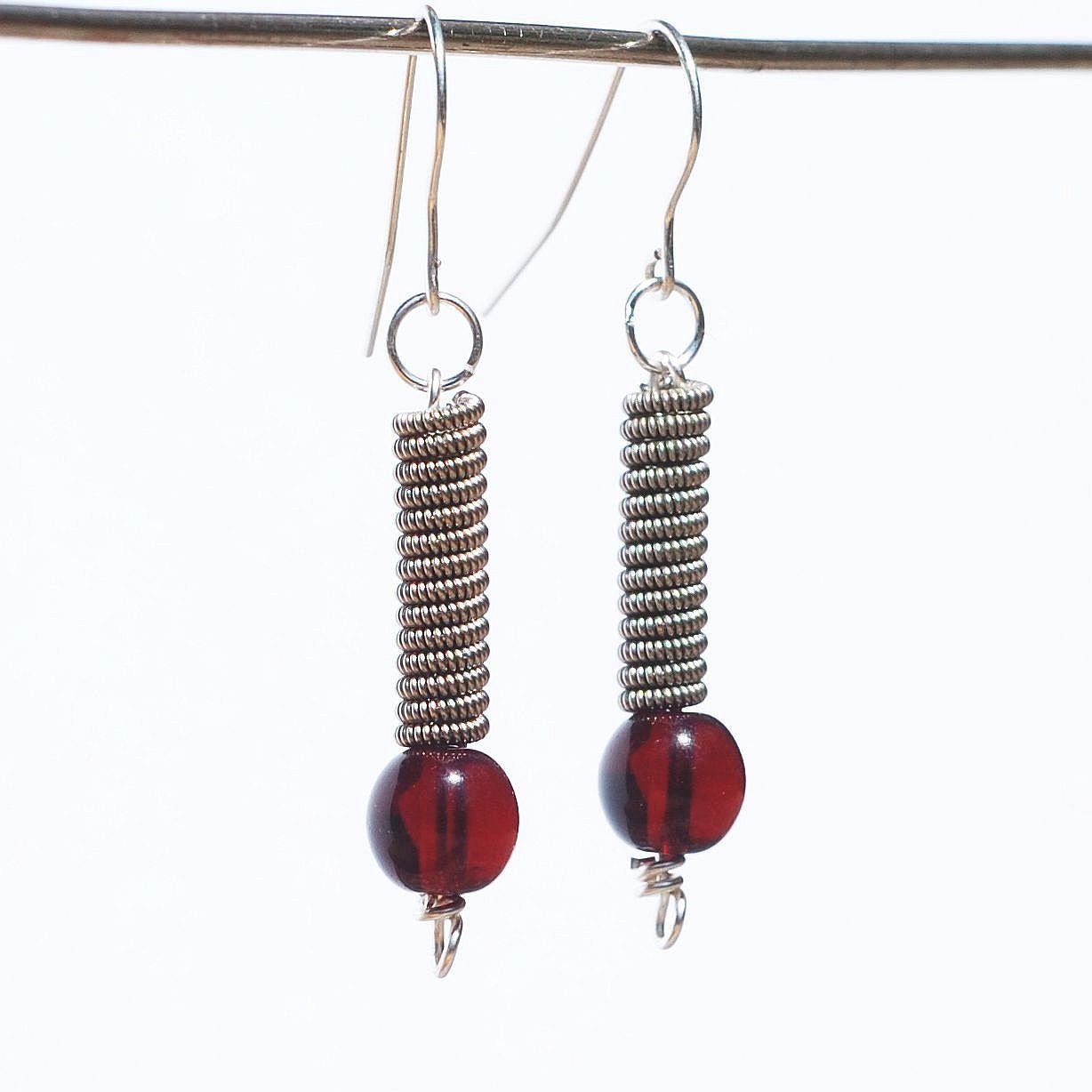 Guitar String Jewelry- Silver & Garnet Red Bead Guitar String Earrings ...