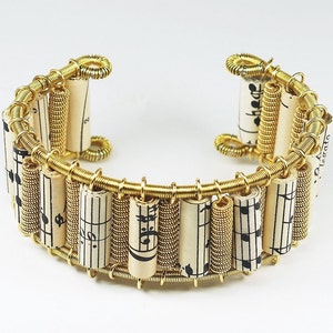 Guitar String Bracelet- Sheet Music Paper Bead Jewelry, Brass Cuff ...