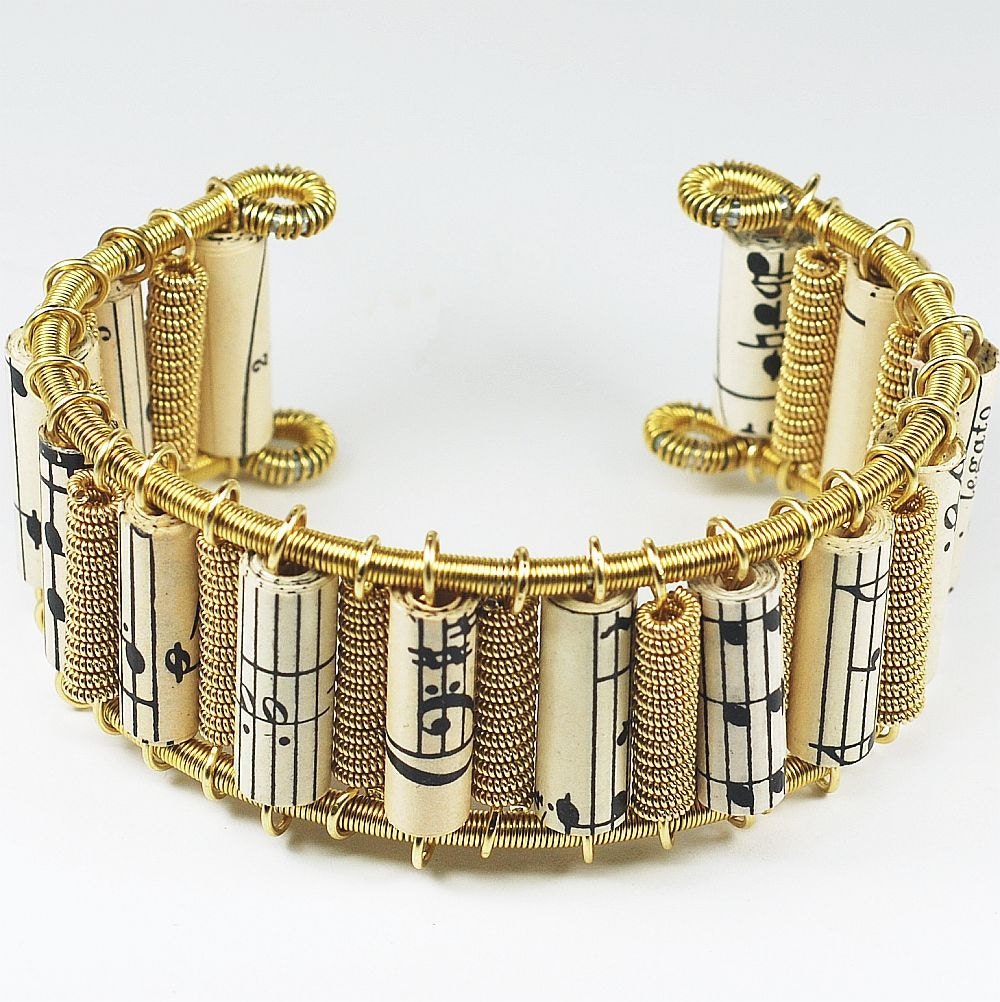 Guitar String Bracelet- Sheet Music Paper Bead Jewelry, Brass Cuff ...