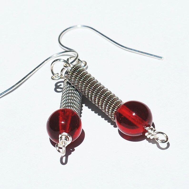Guitar String Jewelry- Red Upcycled Guitar String Earrings, Red Bead ...