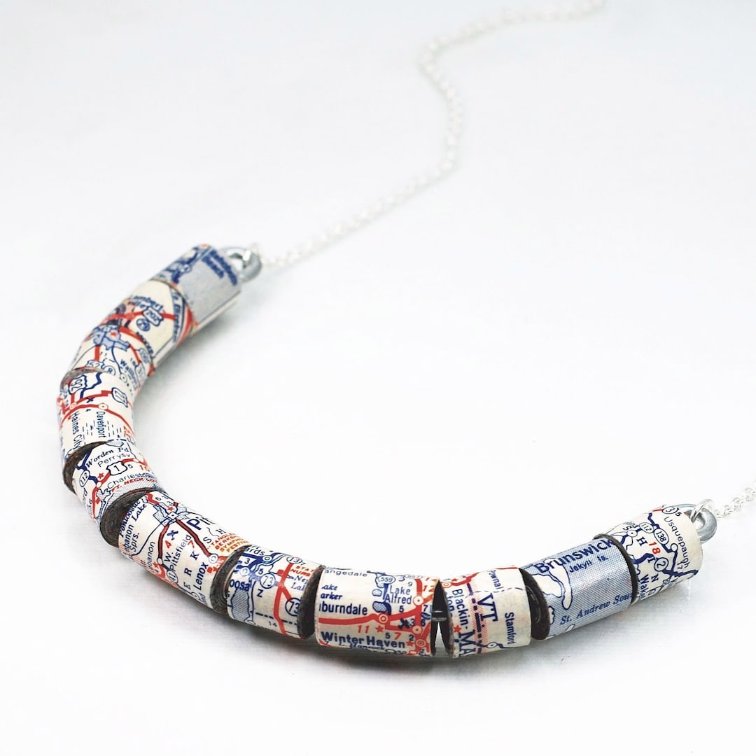 Paper Bead Jewelry- Upcycled US Map Paper Bead Necklace, Map Jewelry ...