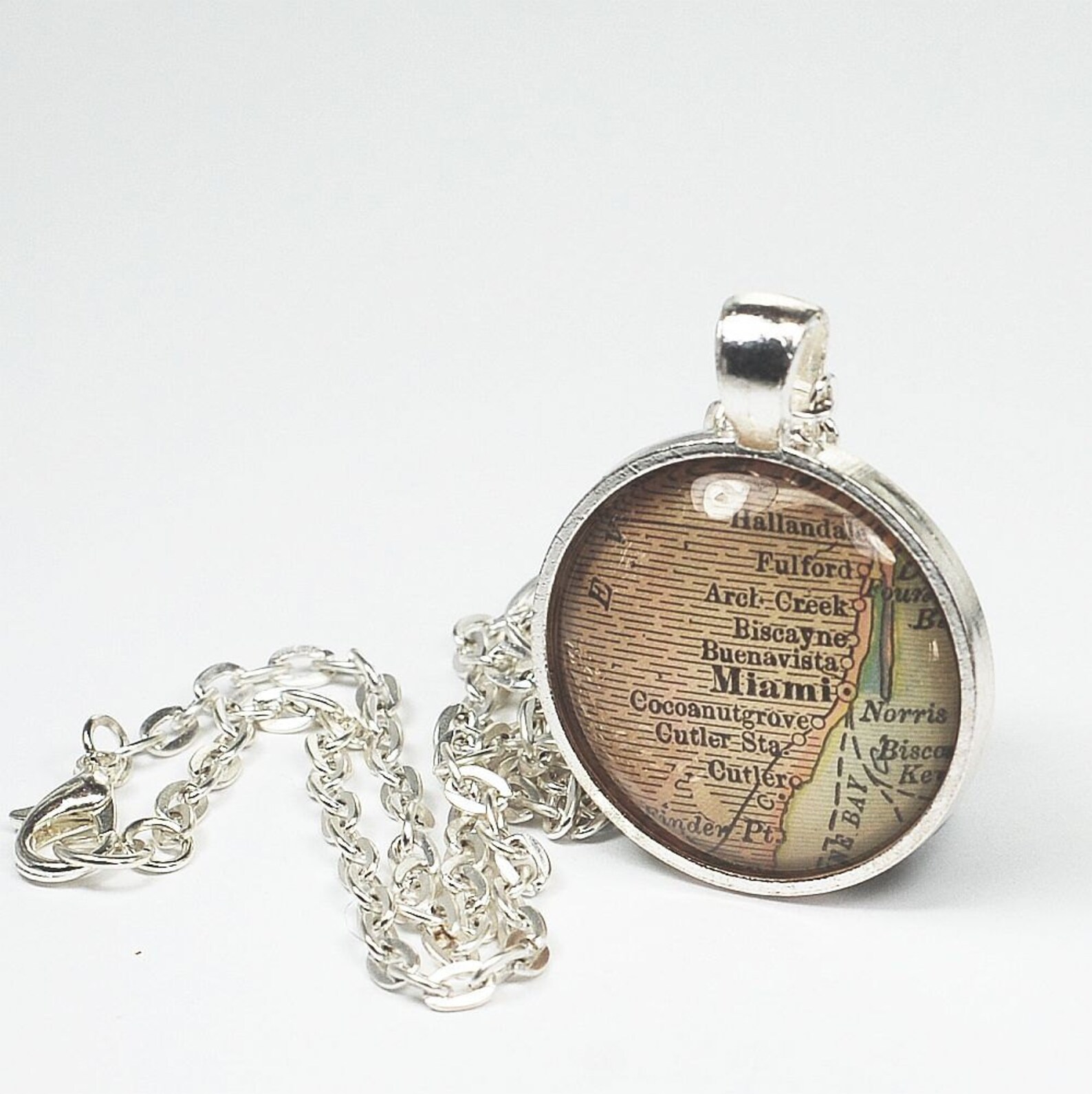 Miami Map Necklace- Vintage Map Pendant Jewelry From an Antique 1908 ...