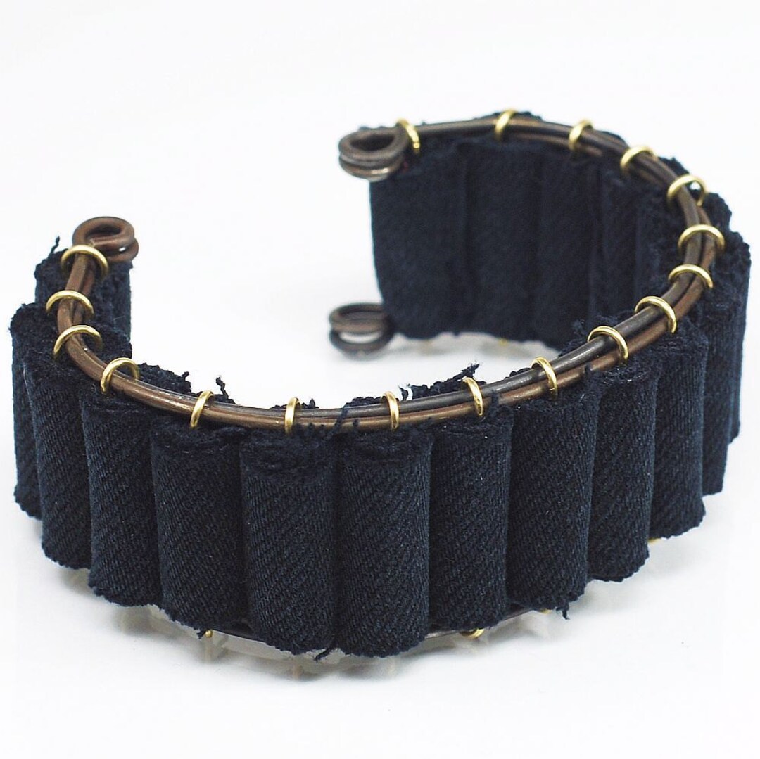 Denim Cuff Bracelet- Upcycled Brass and Black Fabric Bracelet, Textile ...