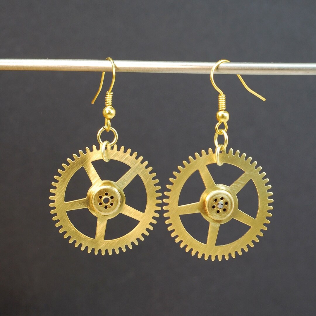 Brass Clock Gear Earrings- Steampunk, Upcycled Jewelry, Wasteland, Post ...